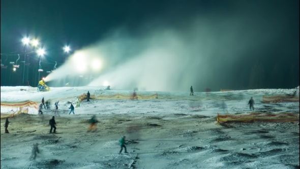 Night Skiing At The Ski Slopes And Snow Cannons, Stock Footage | VideoHive