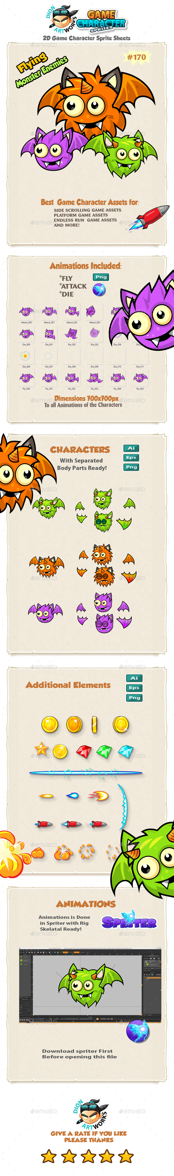 Flying Monster Enemies Game Character Sprites 170 by pasilan | GraphicRiver