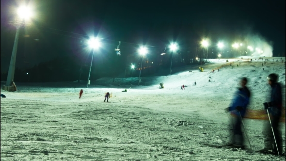 Night Skiing At The Ski Slopes And Snow Cannons, Stock Footage | VideoHive