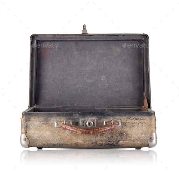 Open old suitcase with black upholstery inside Stock Photo by Alexlukin