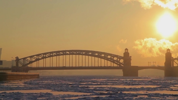 Road Bridge Over The Frozen River In Winter., Stock Footage | VideoHive