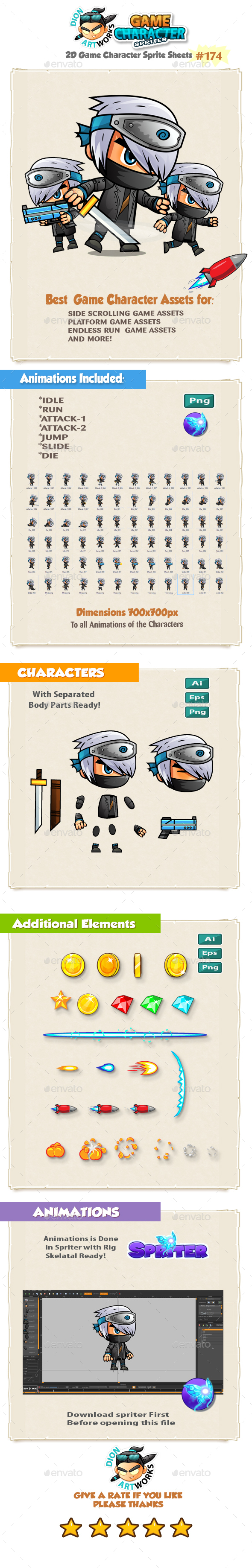 Ninja 2D Game Character Sprites 174 by pasilan | GraphicRiver