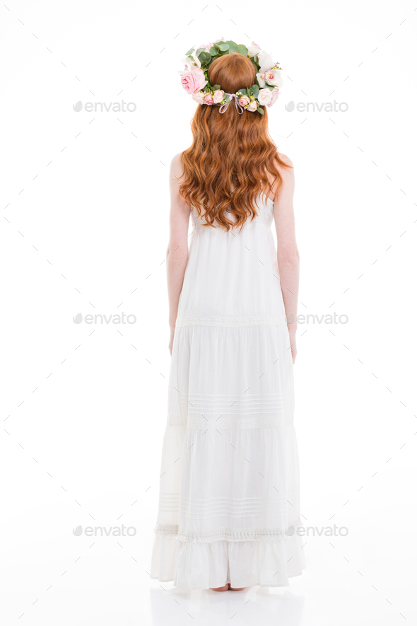 Back view of woman with long hair in flower wreath Stock Photo by ...