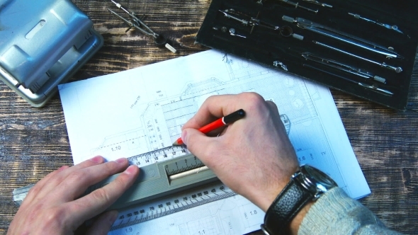 Drawing a Pencil Line On The Ruler On The Drawing Sheet, Stock Footage