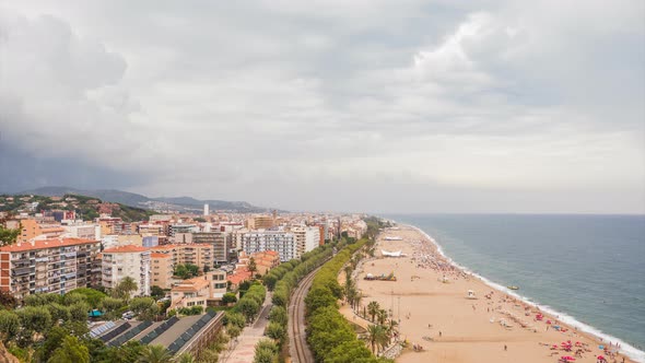 Panorama of the Resort Town of Calella Before a Thunderstorm, Stock Footage