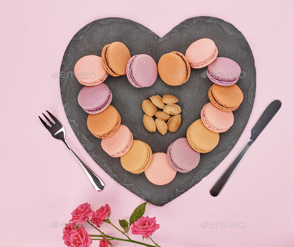 Still life, macarons, heart shape. Table setting Stock Photo by 918Evgenij