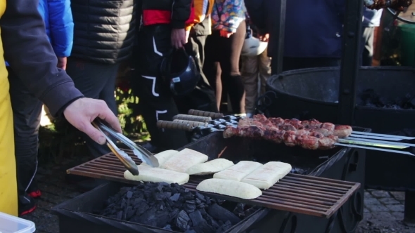 Bread For Toast And Kebab Prepared On The Grill., Stock Footage | VideoHive