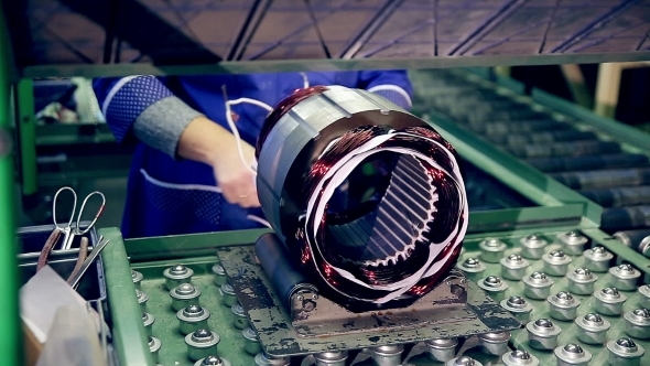 Engine Production Factory. Electric Engine Production Process., Stock ...