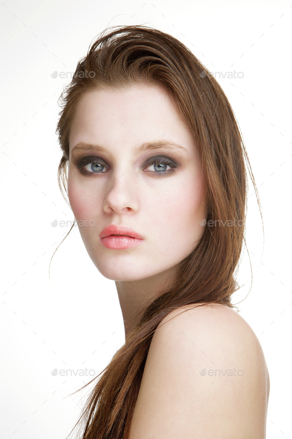 Fashion model posing on white background Stock Photo by mimagephotography