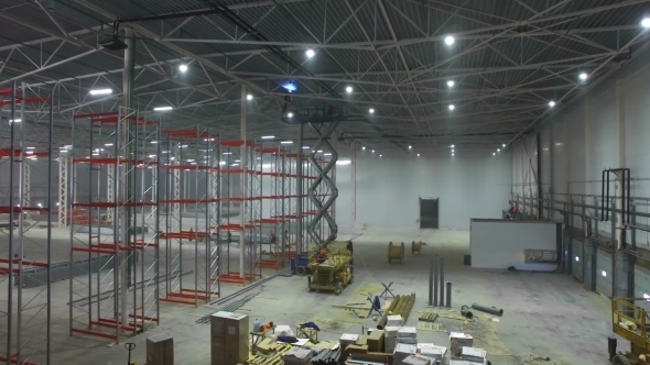 Aerial View Inside a Large New Modern Industrial Warehouse, Stock Footage