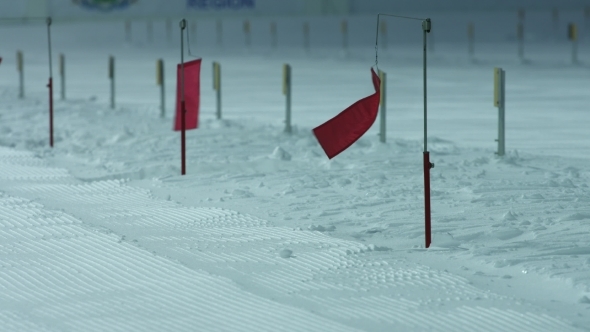 Biathlon. Flag Fluttering In The Shooting Range. Wind, Stock Footage