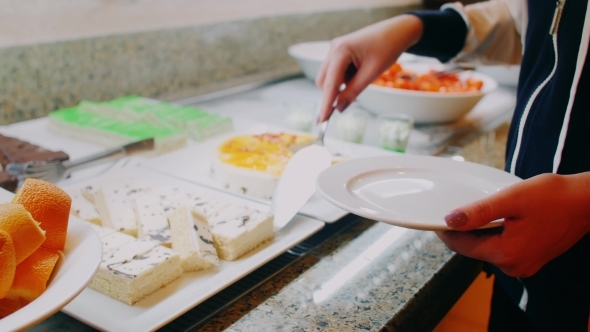 Putting a Plate Of Cakes In The Cafe With Self-service, Stock Footage
