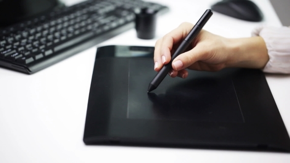 Female Hand Drawing With Stylus On Pen Tablet, Stock Footage | VideoHive