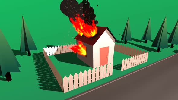 Aerial view of the house on intense fire. Burning red roof. Firetruck ...