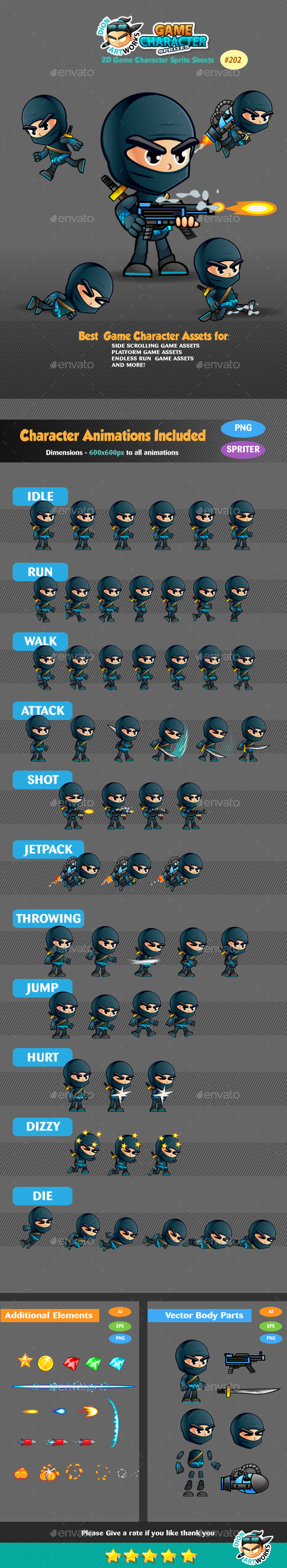 Ninja 2D Game Character Sprites by pasilan | GraphicRiver