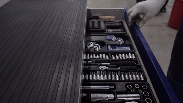 Blue Metal Box With Different Tools For Car Repair At Modern Service ...