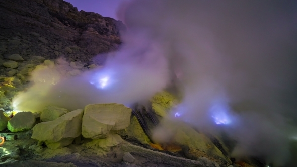 Blue Flame of Gas in The Crater Volcano Ijen in Java, Indonesia, Stock ...
