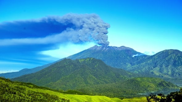 Eruptions Raung Volcano, Panoramic View. East Java, Indonesia, Stock ...
