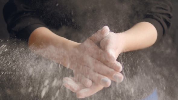 Hand Clap Of Chef With Splash Flour On Wood Background, Stock Footage