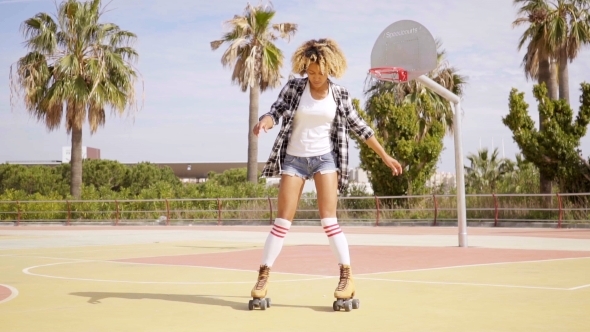 Woman In Roller Skates On Basketball Court, Stock Footage | VideoHive