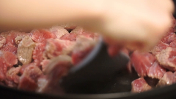 Girl Fry Finely Chopped Meat In a Frying Pan, Stock Footage | VideoHive