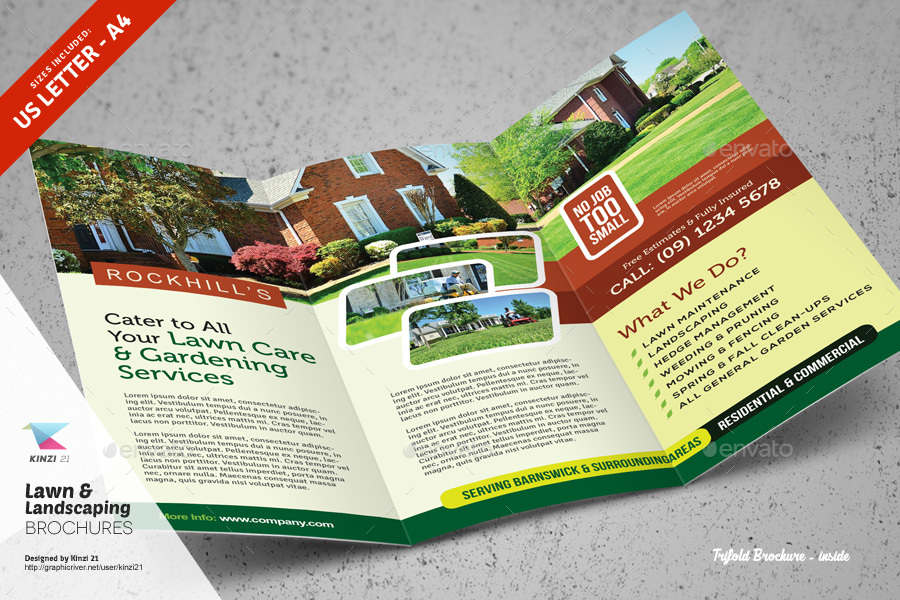 Lawn & Landscaping Trifold and Bifold Brochure Templates, Print Templates
