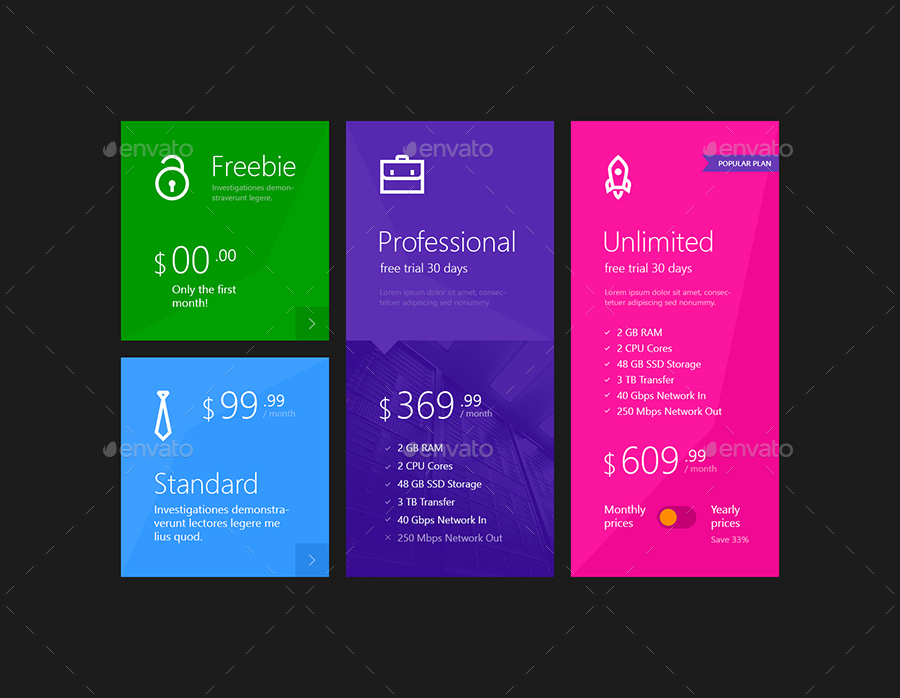 Metro Pricing Tables, Web Elements | GraphicRiver