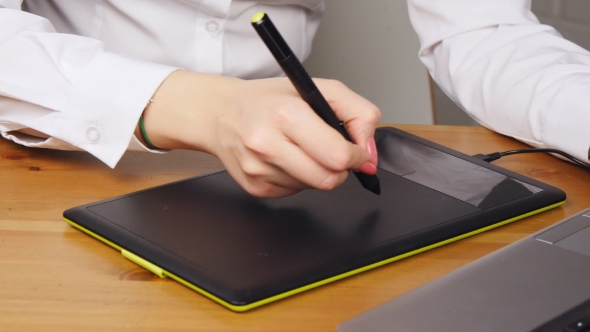 Female Hand Drawing On The Graphic Tablet In The Office, Stock Footage