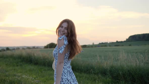 Cheerful Red Hair Happy Girl with Freckles Dancing with Straw Hat at ...