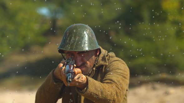 WW2 soldier pointing a gun, Ultra Slow Motion, Stock Footage | VideoHive