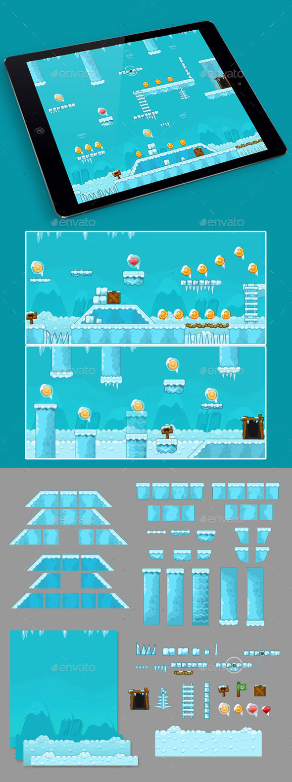 2D Ice Game Platformer Tilesets, Game Assets | GraphicRiver