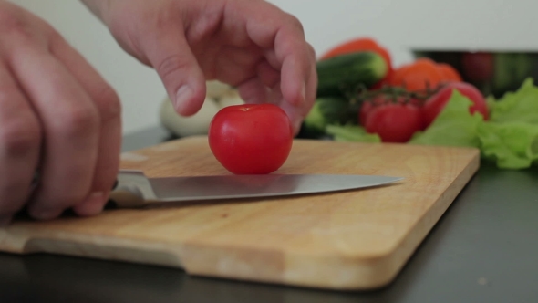 Chef Hand And Knife Slicing Tomato, Stock Footage | VideoHive