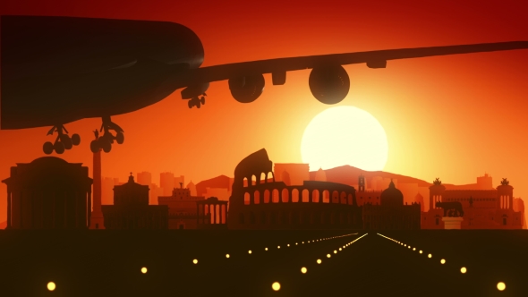 Rome Italy Airplane Skyline Sunrise Landing , Motion Graphics | VideoHive