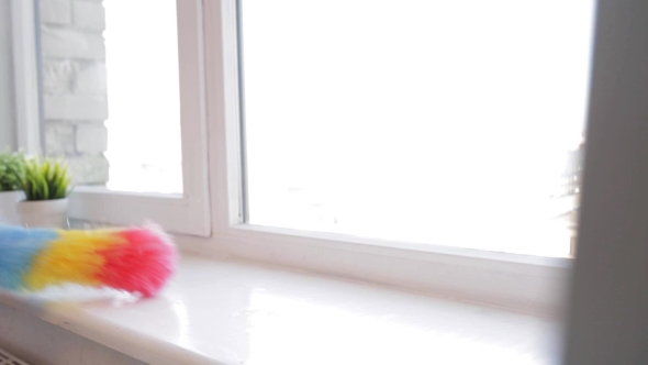 Woman With Duster Cleaning Window Sill At Home 58, Stock Footage ...