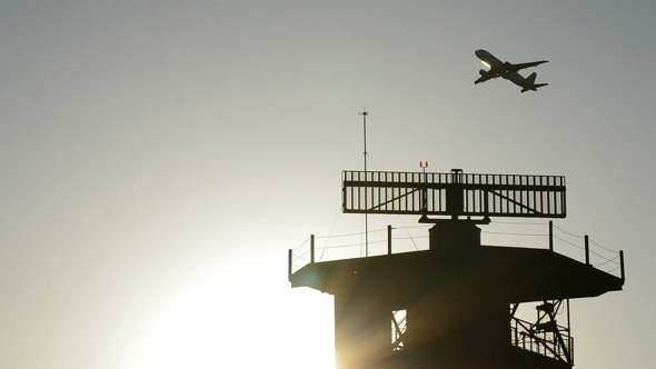 Airplane Taking Off Over Radar Tower at Sunset, Stock Footage | VideoHive