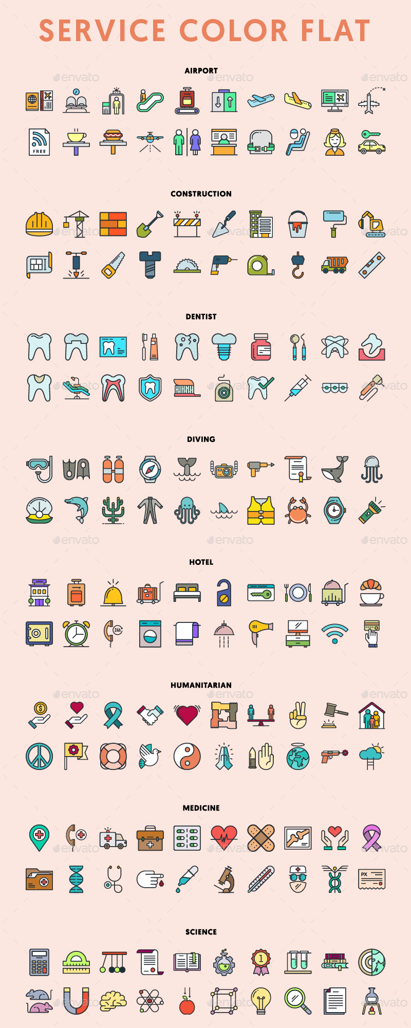 1960 Modern Flat Line Color Icons, Icons | GraphicRiver