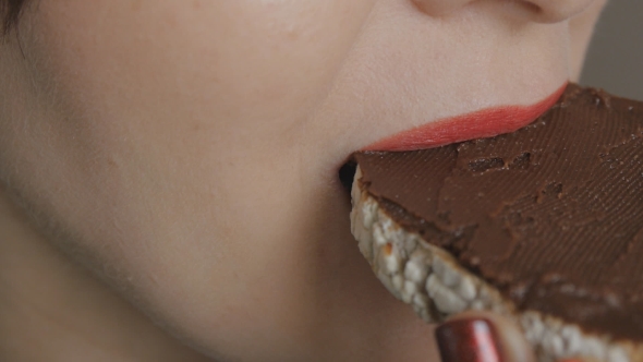 Girl With Red Lips And Nails Eats Toast With Homemade Chocolate ...