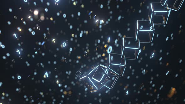 Bitcoin Text and Cubic Chain and Binary Numbers, Motion Graphics | VideoHive