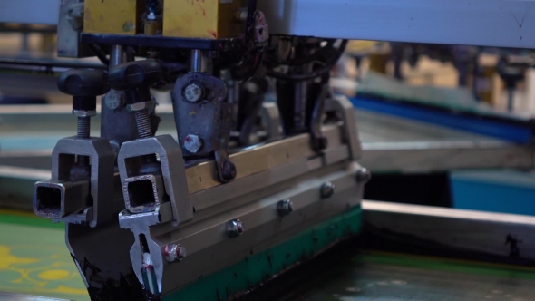 Textile Industrial Silk Screen Printing Machine In Action, Stock Footage