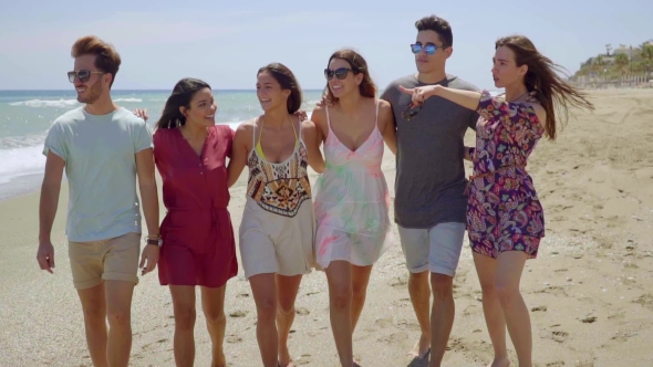 Happy Group Of Young Students Walking On a Beach, Stock Footage | VideoHive