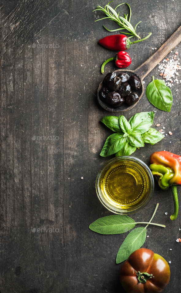 Food background with vegetables, herbs and condiment Stock Photo by ...