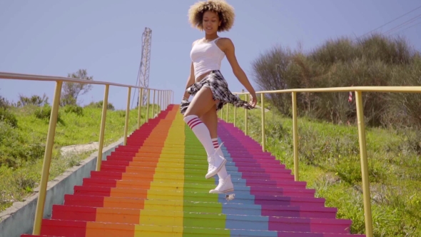 Young Woman Dancing On The Stairs., Stock Footage | VideoHive