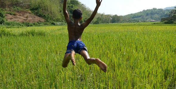 Poor Boy Running And Jumping In Rice Field, Stock Footage | VideoHive
