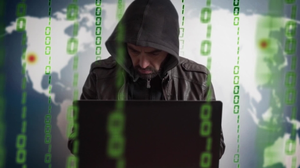 Bearded Hacker In a Hood With Laptop. Online World Network Danger ...