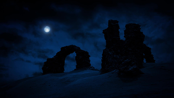 Castle Ruins On Hilltop With Full Moon, Motion Graphics | VideoHive