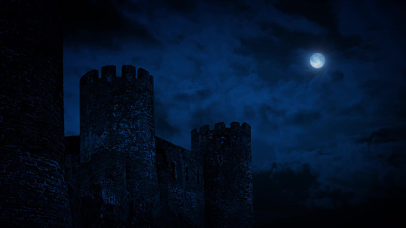 Castle Wall At Night With Full Moon, Motion Graphics | VideoHive