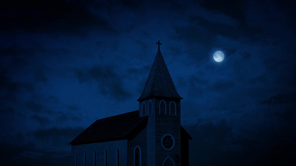 Church At Night With Full Moon, Motion Graphics | VideoHive