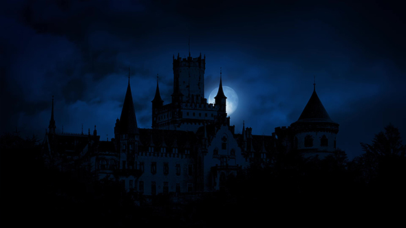 Moon Rises Behind Large Gothic Castle, Motion Graphics | VideoHive