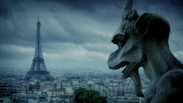 Gargoyle Looks Over Paris In The Rain, Motion Graphics | VideoHive