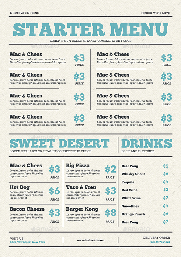 Newspaper Style Menu Package, Print Templates | GraphicRiver